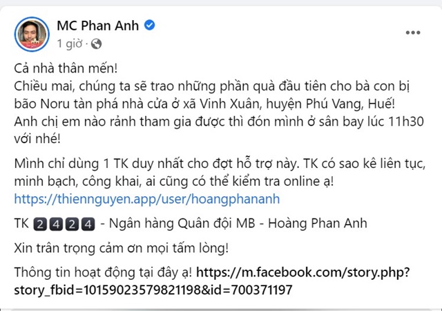 MC Phan Anh thông tin nóng sau khi kêu gọi ủng hộ đồng bào miền Trung sau bão Noru